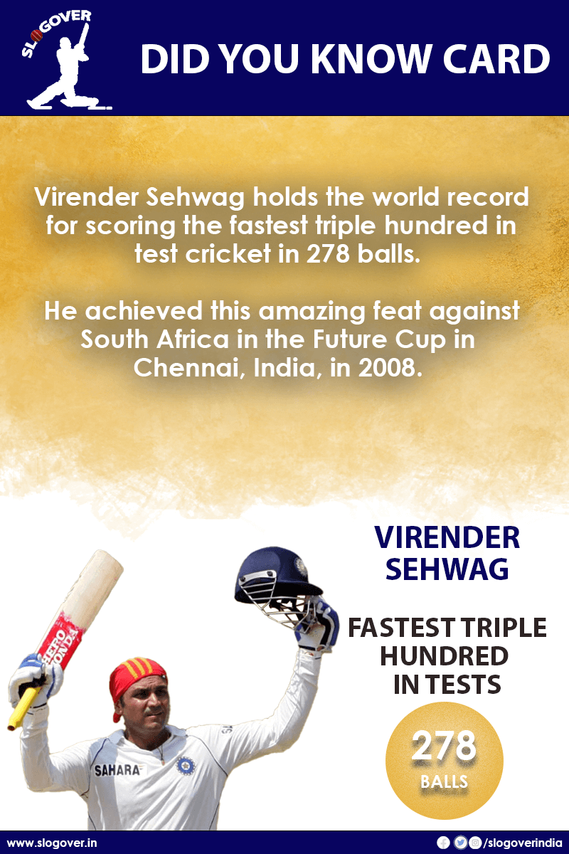 Virender Sehwag, world record of fastest triple hundred in test, in 278 ...